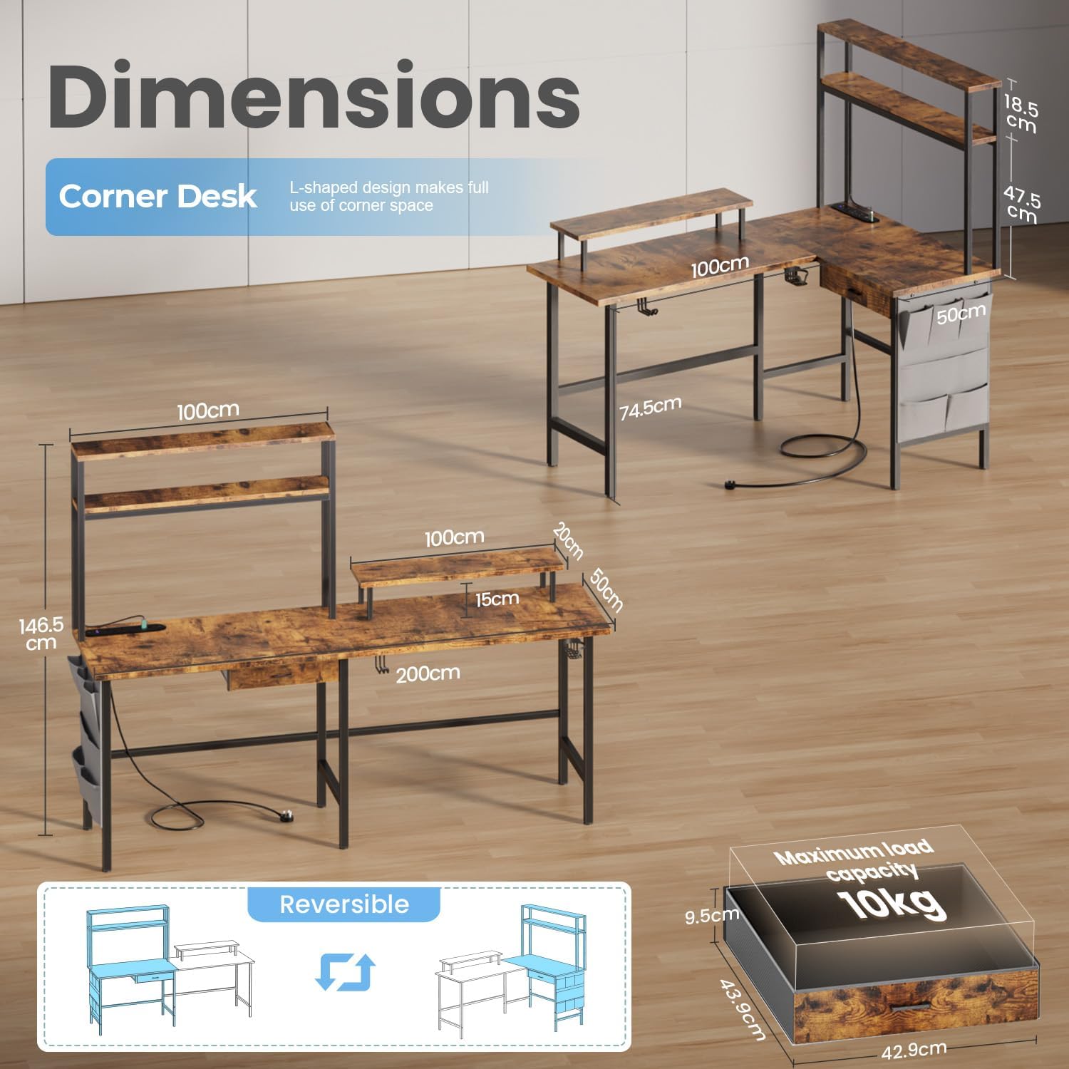 Temerino Reversible L-Shaped Corner Desk for Home Office - Brown ...